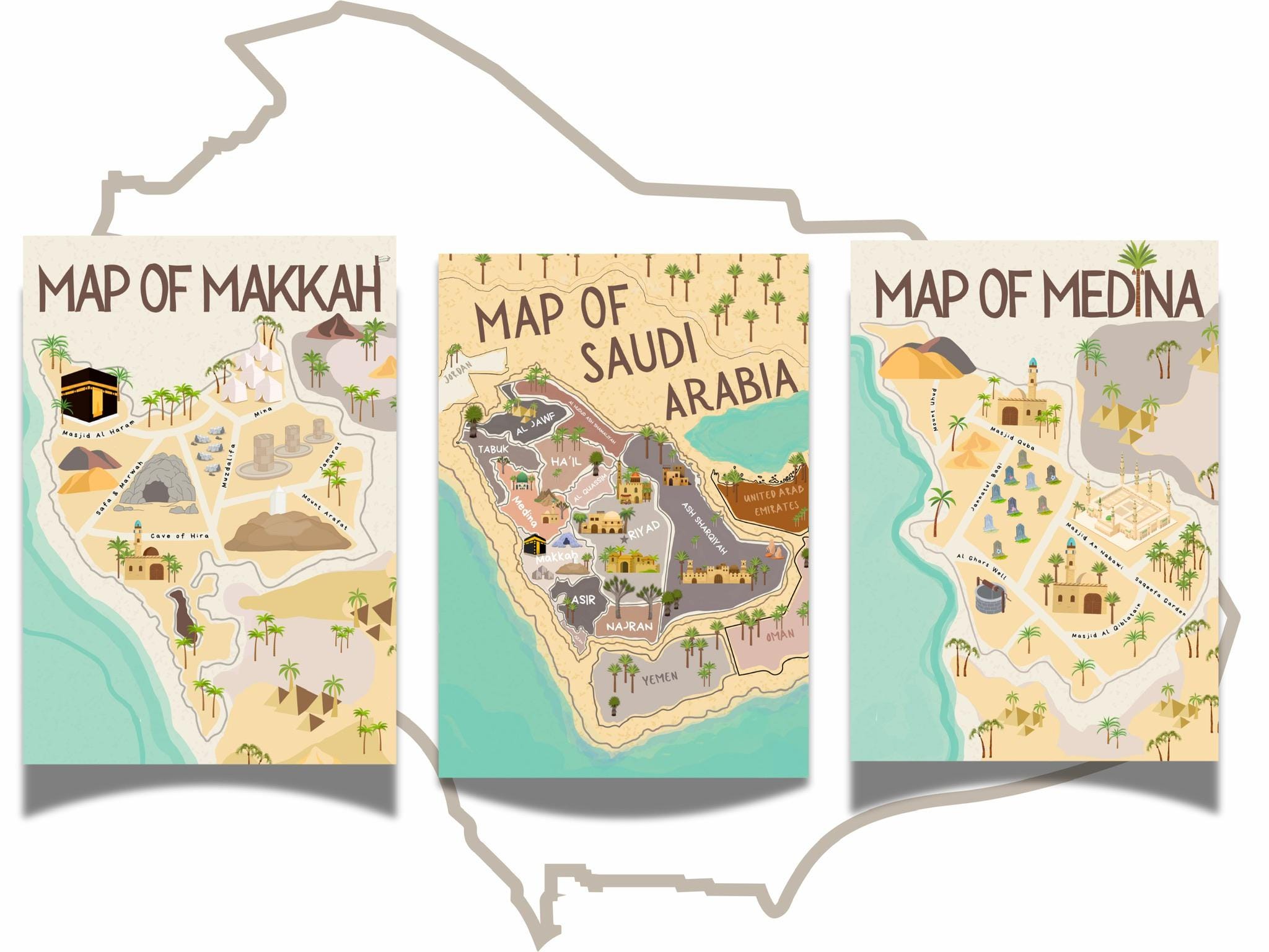 Set of 3 Map of Saudi Arabia, Makkah & Medina A3 Print - Etsy UK