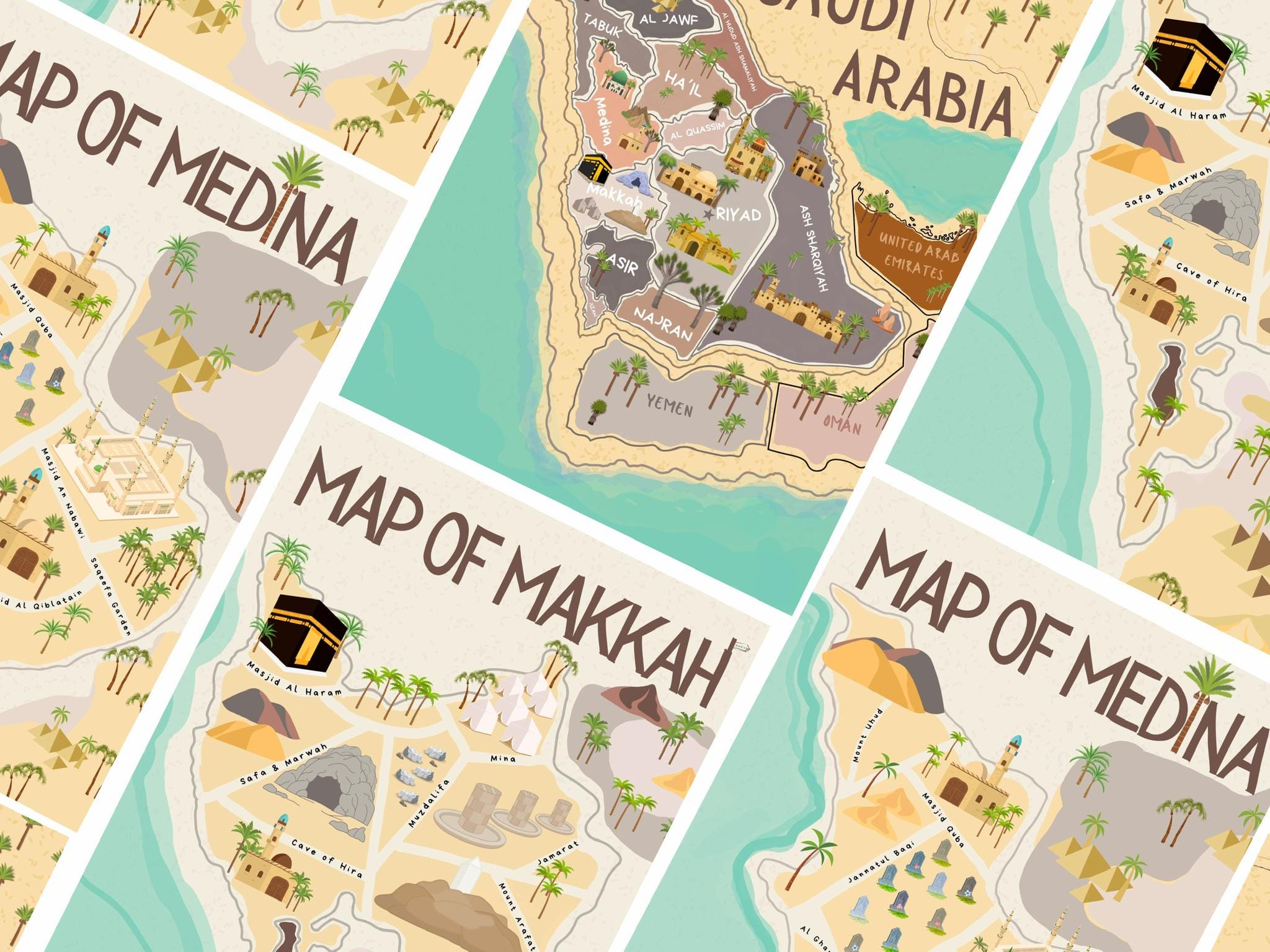 Set of 3 Islamic Map Prints | Makkah, Medina & Saudi Arabia | A3 ...