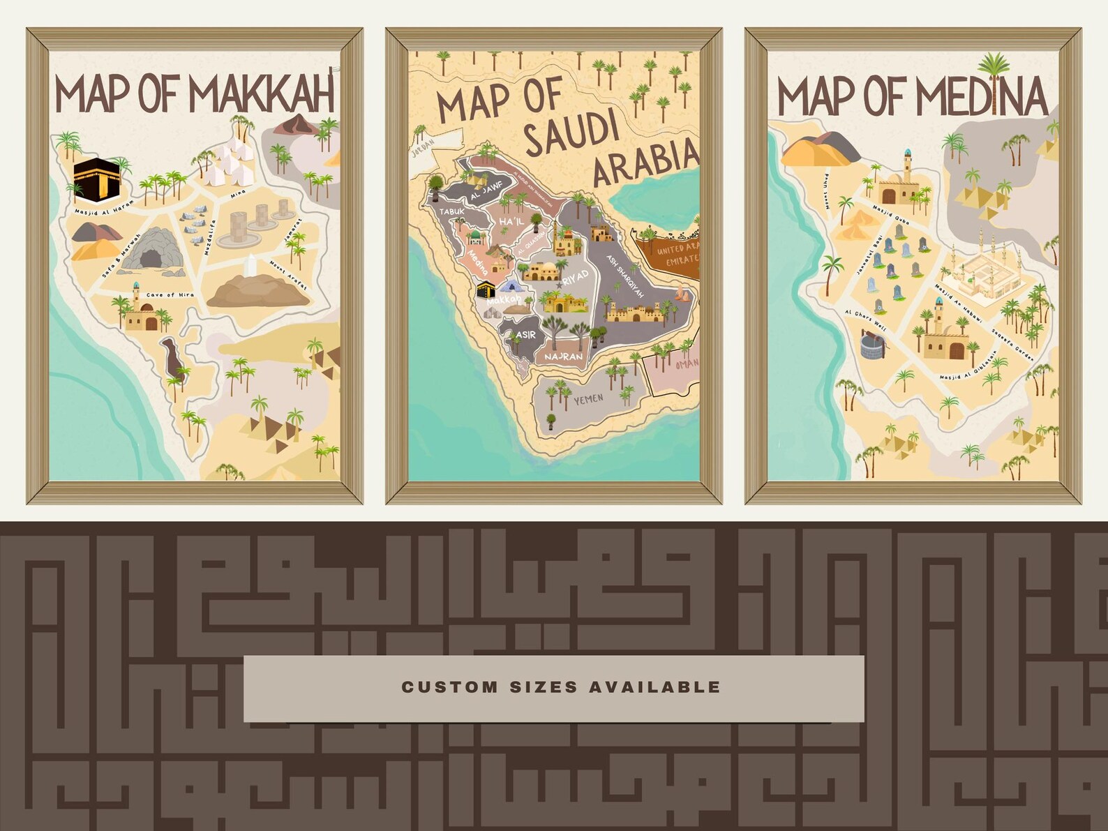 Set of 3 Islamic Map Prints – Makkah, Medina & Saudi Arabia | A3 ...