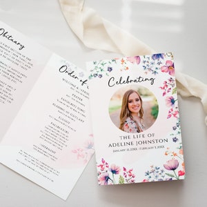 Funeral Program Template for Child, Wildflower Design for Woman ...