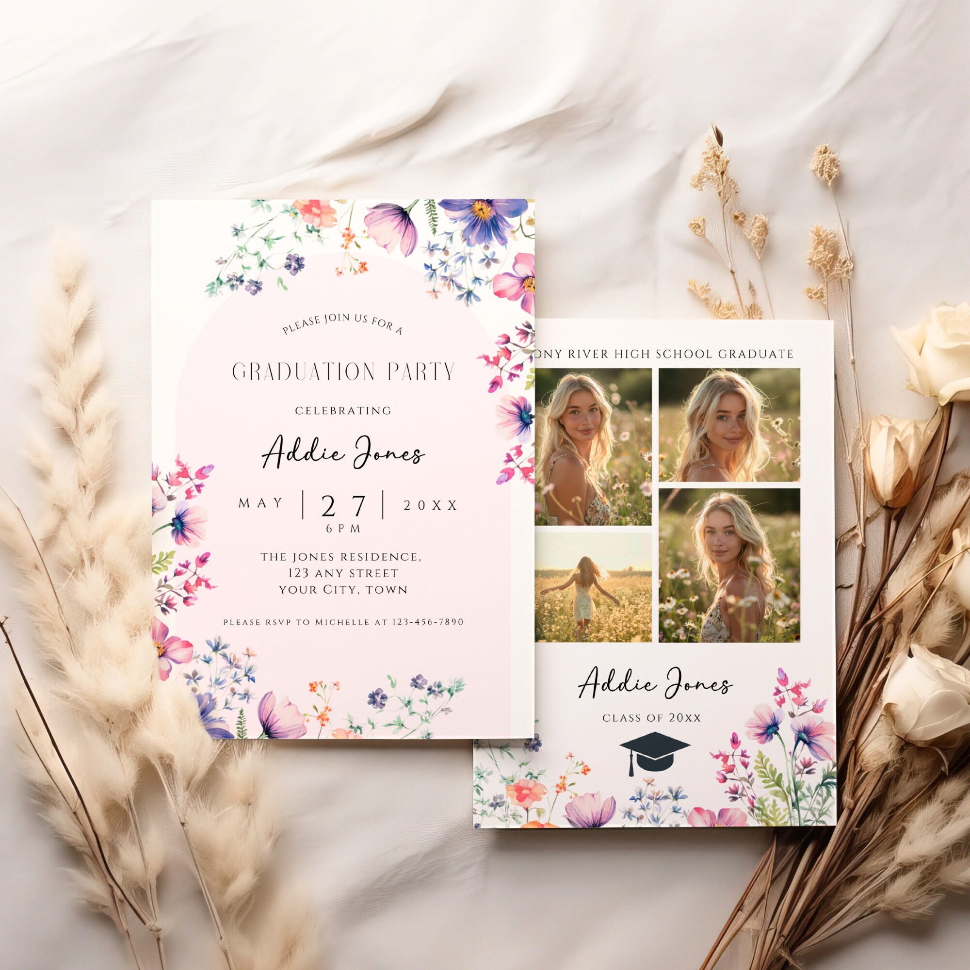 Wildflower Graduation Photo Invitation Template, Grad Party ...