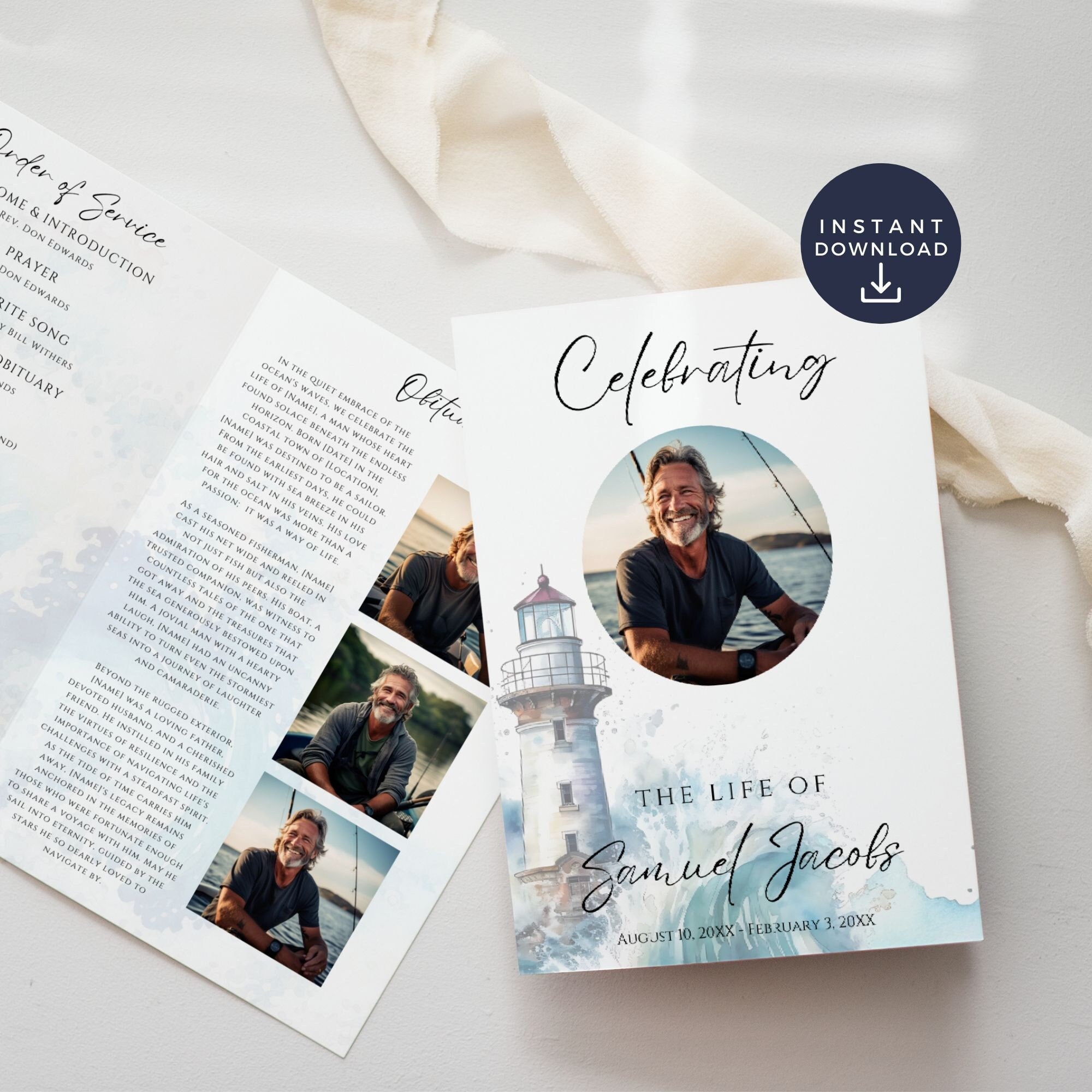Funeral Program Template Ocean, Fishing Printable Memorial Bifold Card ...