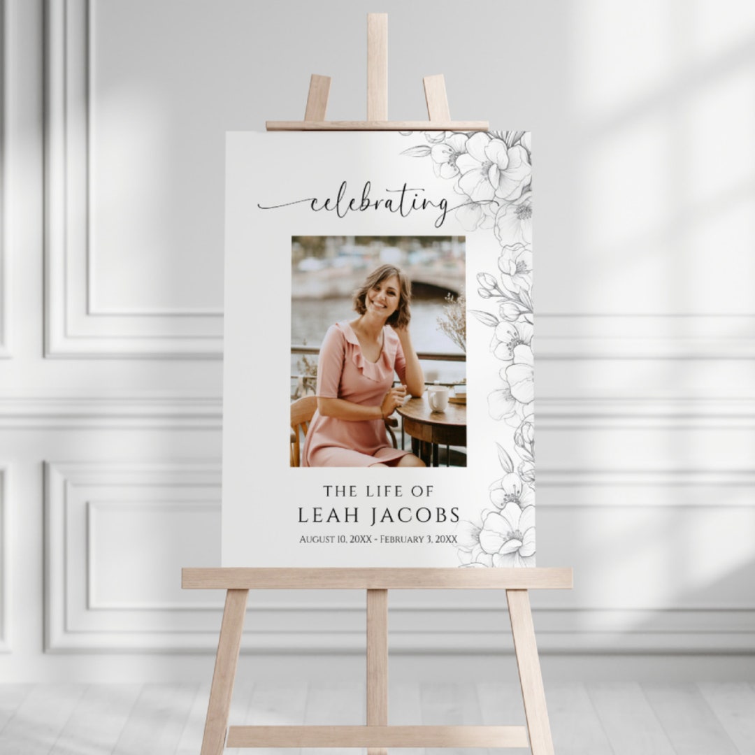 Minimal Floral Funeral Photo Sign, Celebration of Life Memorial Board ...