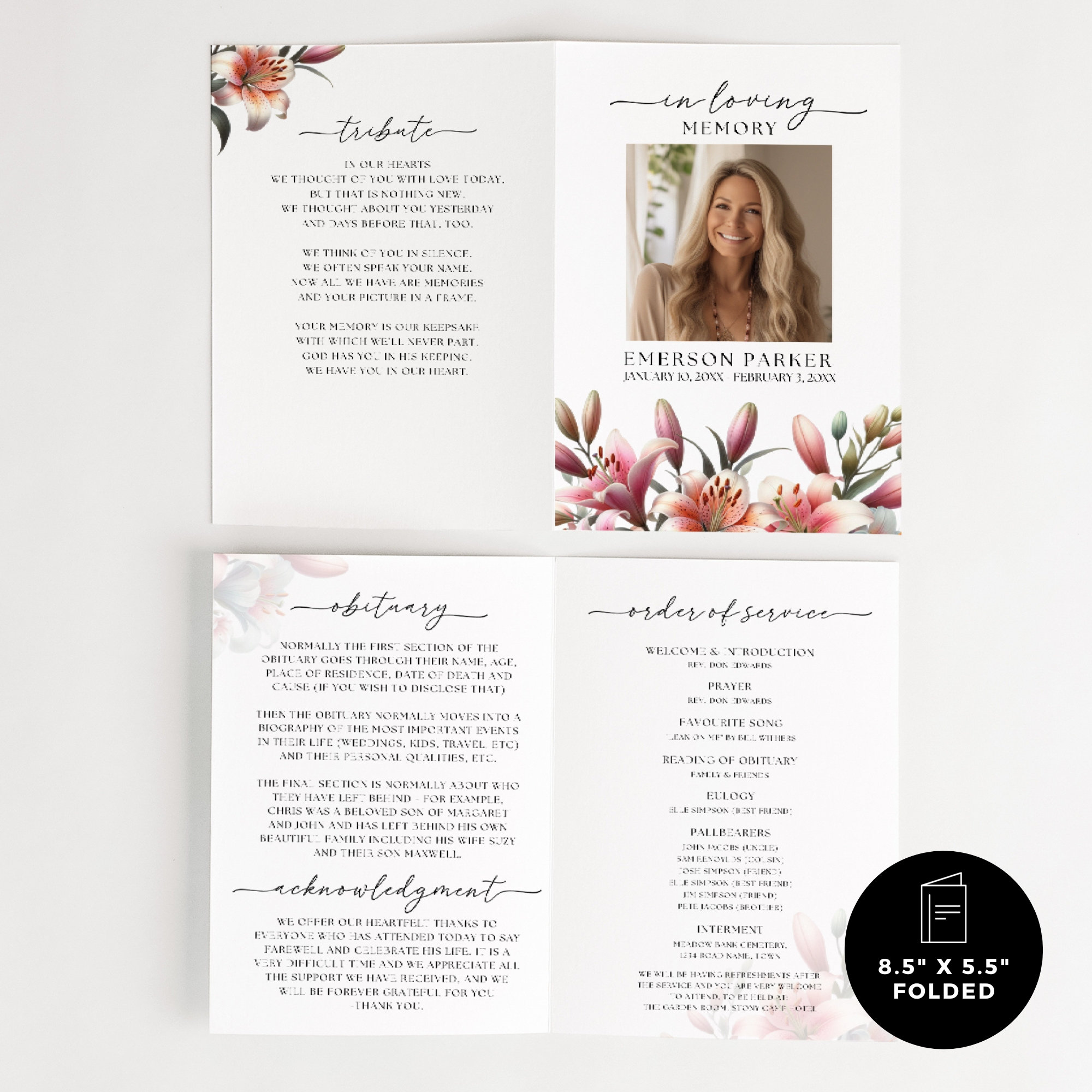 Funeral Program Template Lily, Editable Template, Celebrating the Life ...