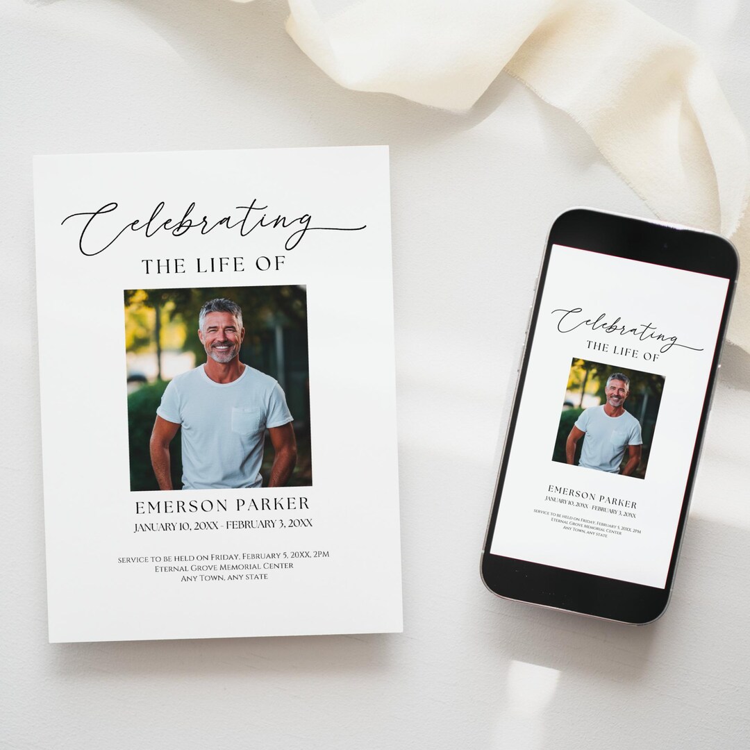 Celebration of Life Invitation for Man, Funeral Announcement Digital ...