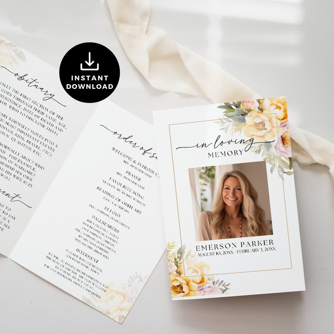 Funeral Program With Yellow Flowers, Floral Design for Woman, Memorial ...