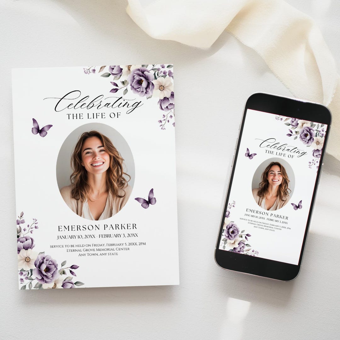 Purple Butterfly Funeral Announcement, Celebration of Life Invitation ...