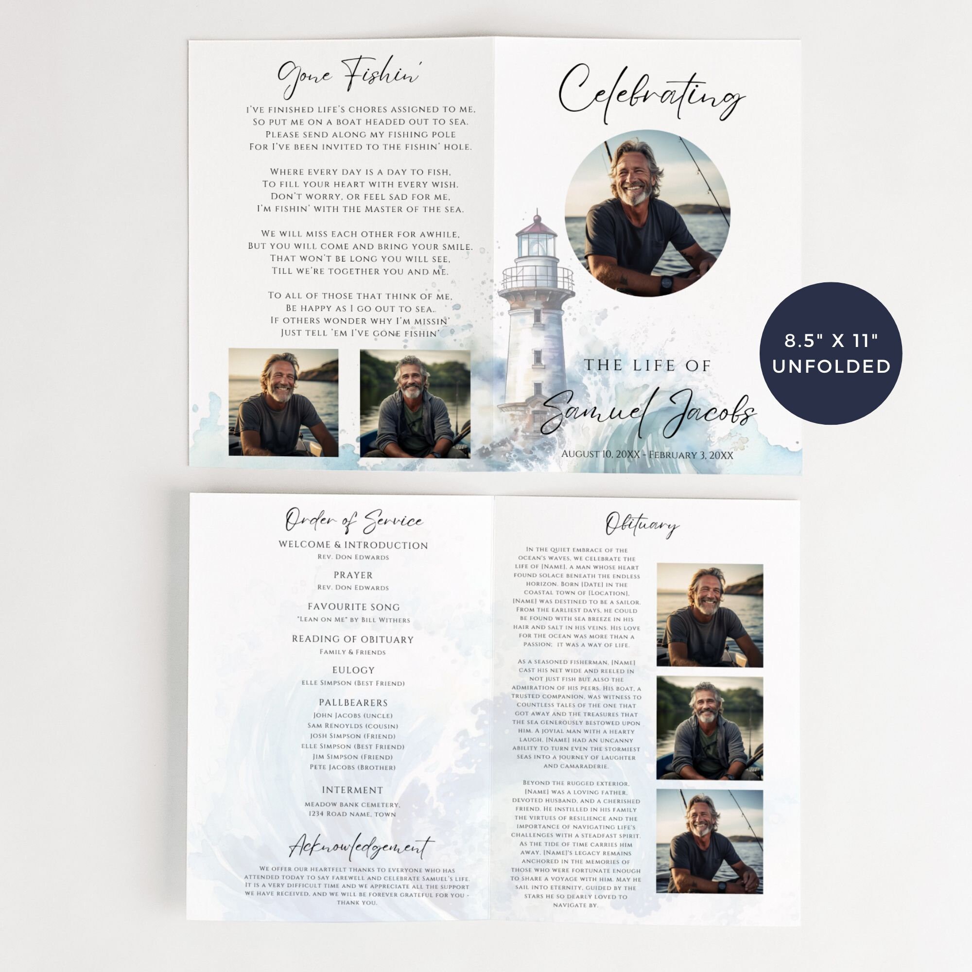 Funeral Program Template Ocean, Fishing Printable Memorial Bifold Card ...