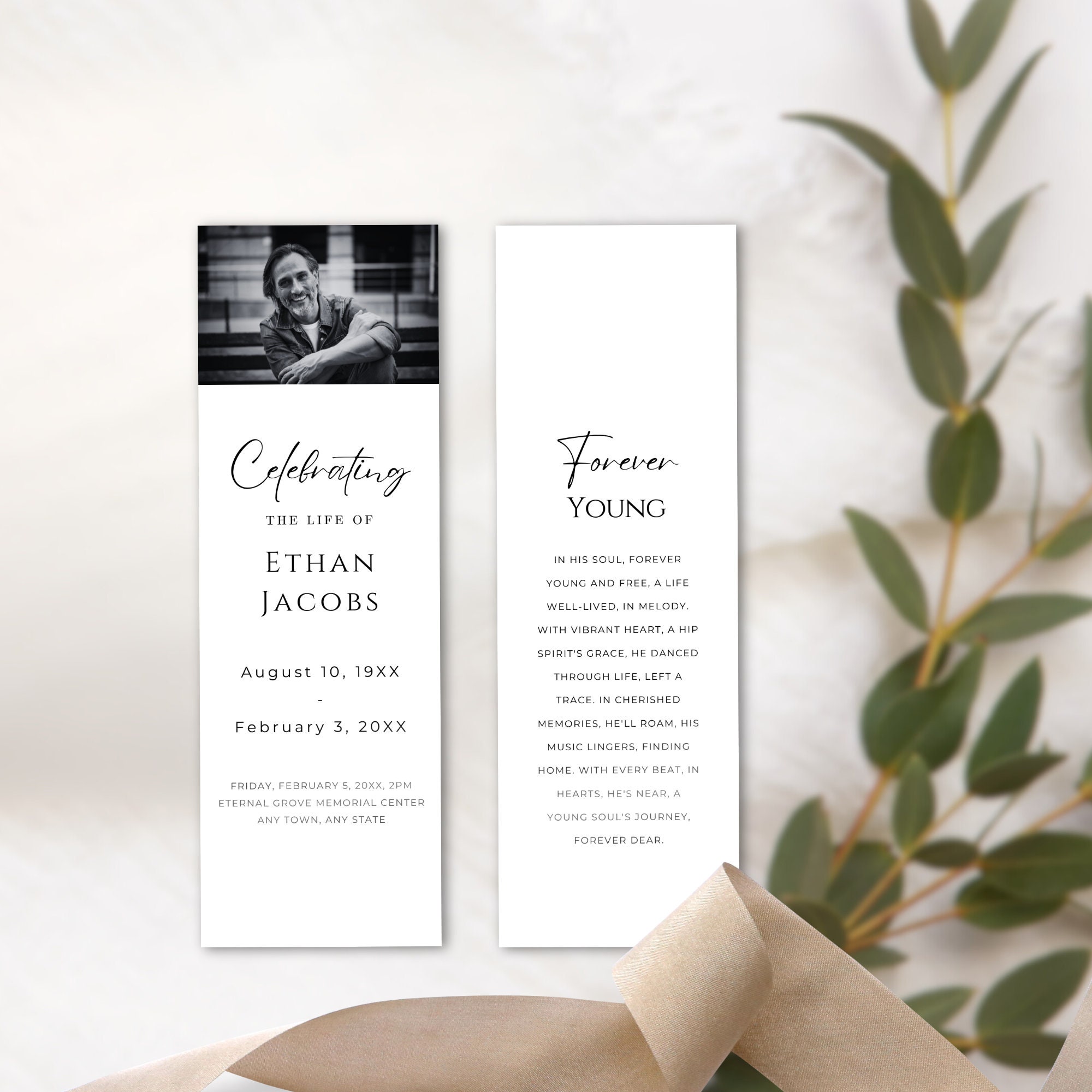 Funeral Bookmark Template Minimalist Modern , Memorial Bookmark Man ...