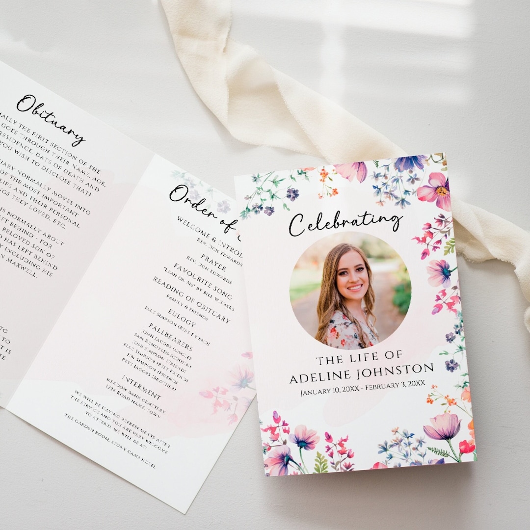 Funeral Program Template for Child, Wildflower Design for Woman ...