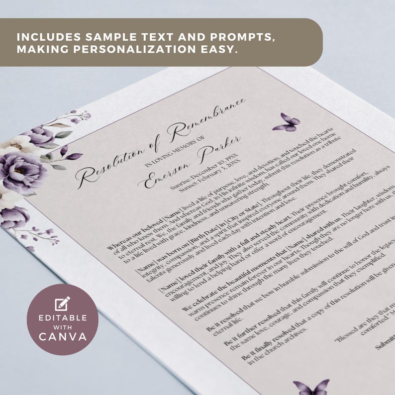 Funeral Resolution Letter, Editable Template for Church, Funeral ...