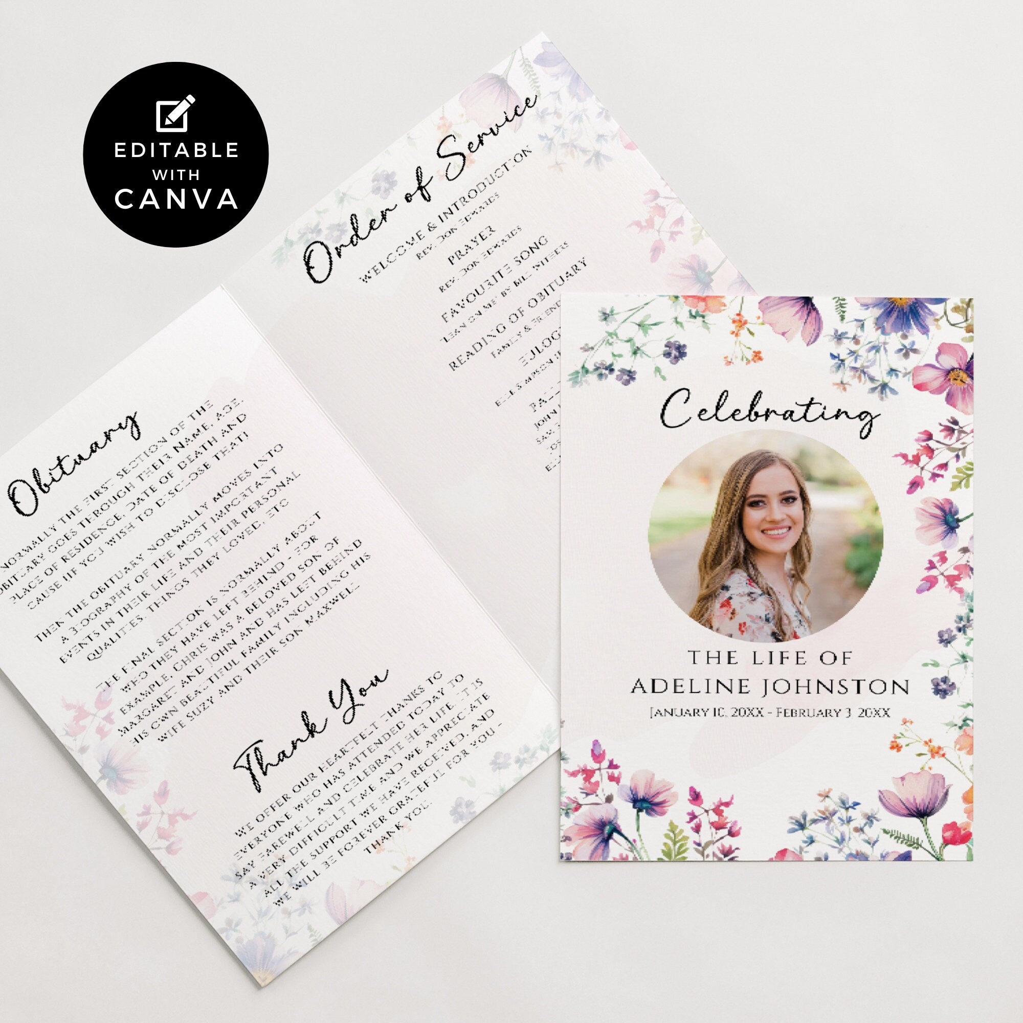 Funeral Program Template for Child, Wildflower Design for Woman ...