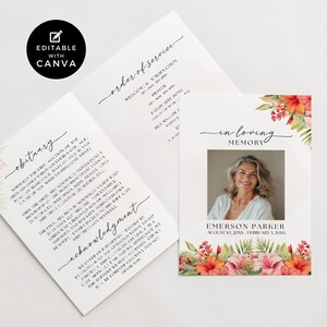 Funeral Program Tropical Template, Floral Design for Woman, Memorial ...