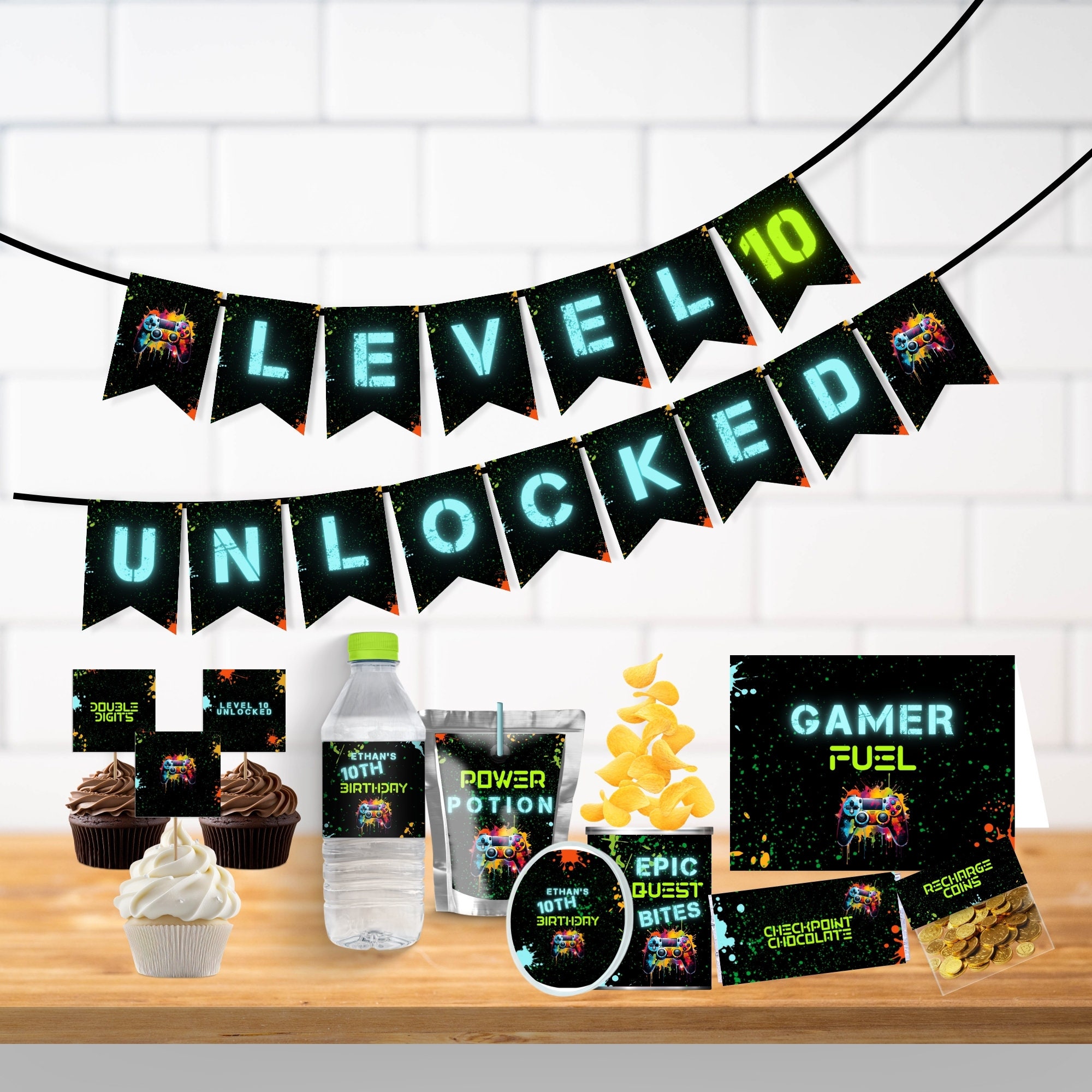 Double Digit Birthday Favors, Video Game Party Editable Template Bundle ...