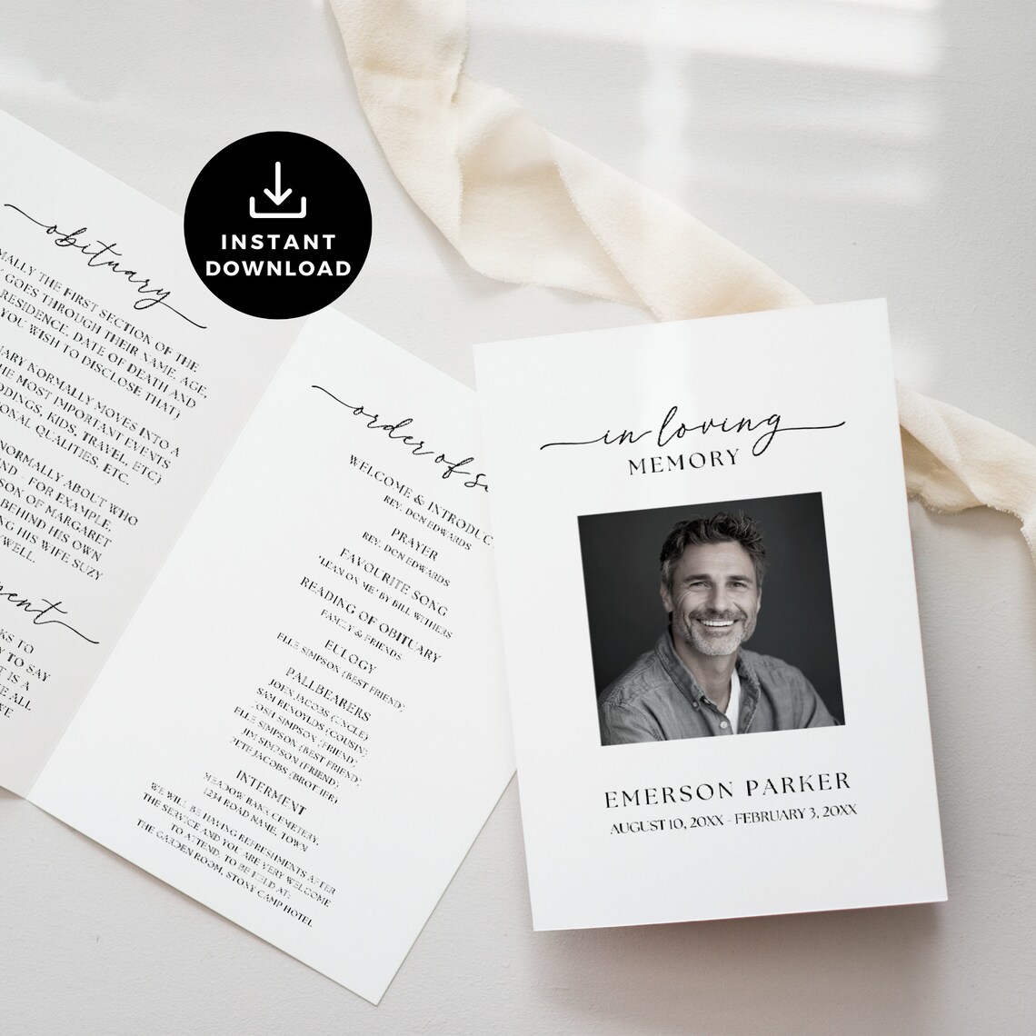 Minimal Funeral Program Template, Simple Design for Man, Memorial ...