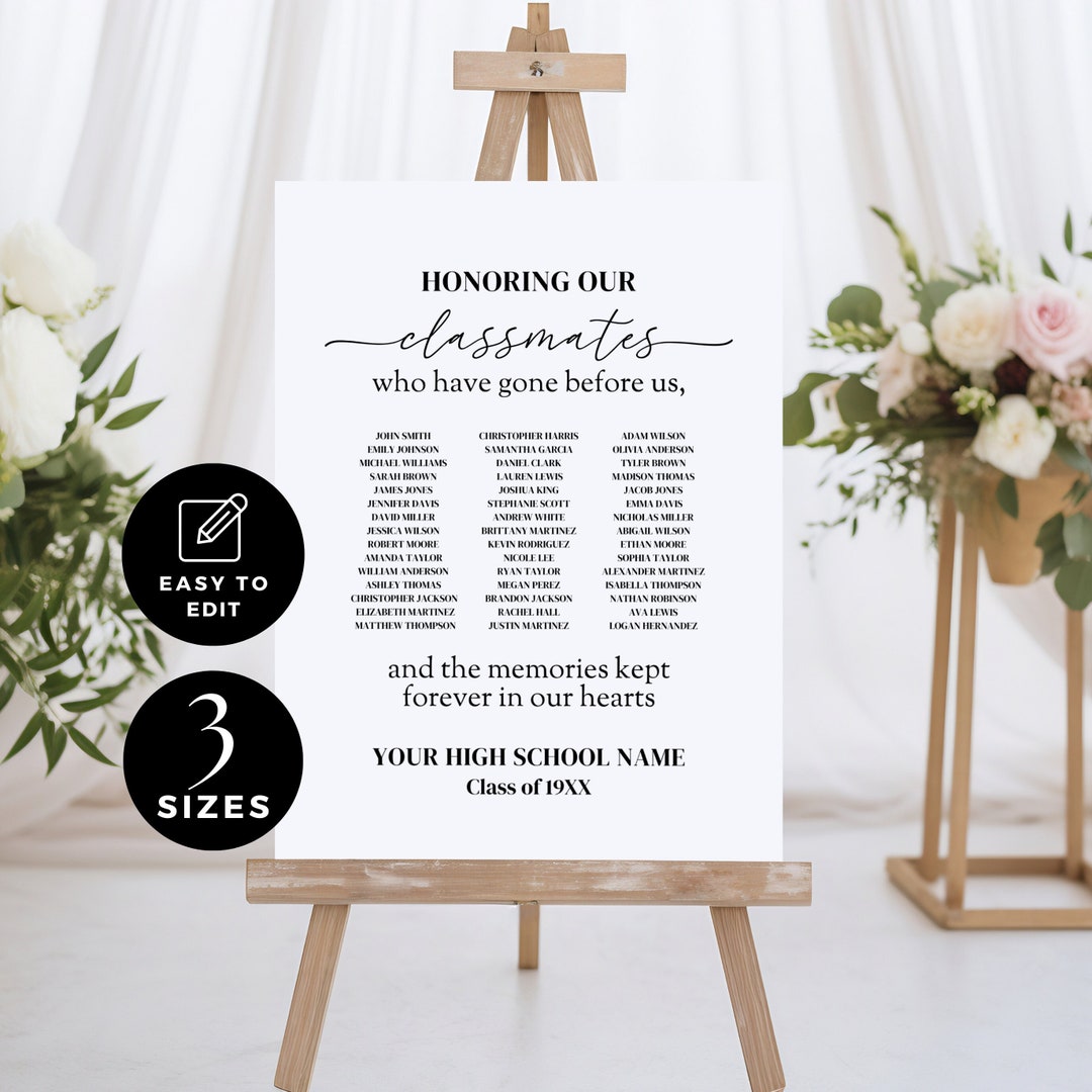 High School Reunion Memorial Sign, in Loving Memory of Classmates ...