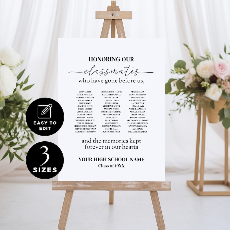 High School Reunion Memorial Sign, in Loving Memory of Classmates ...