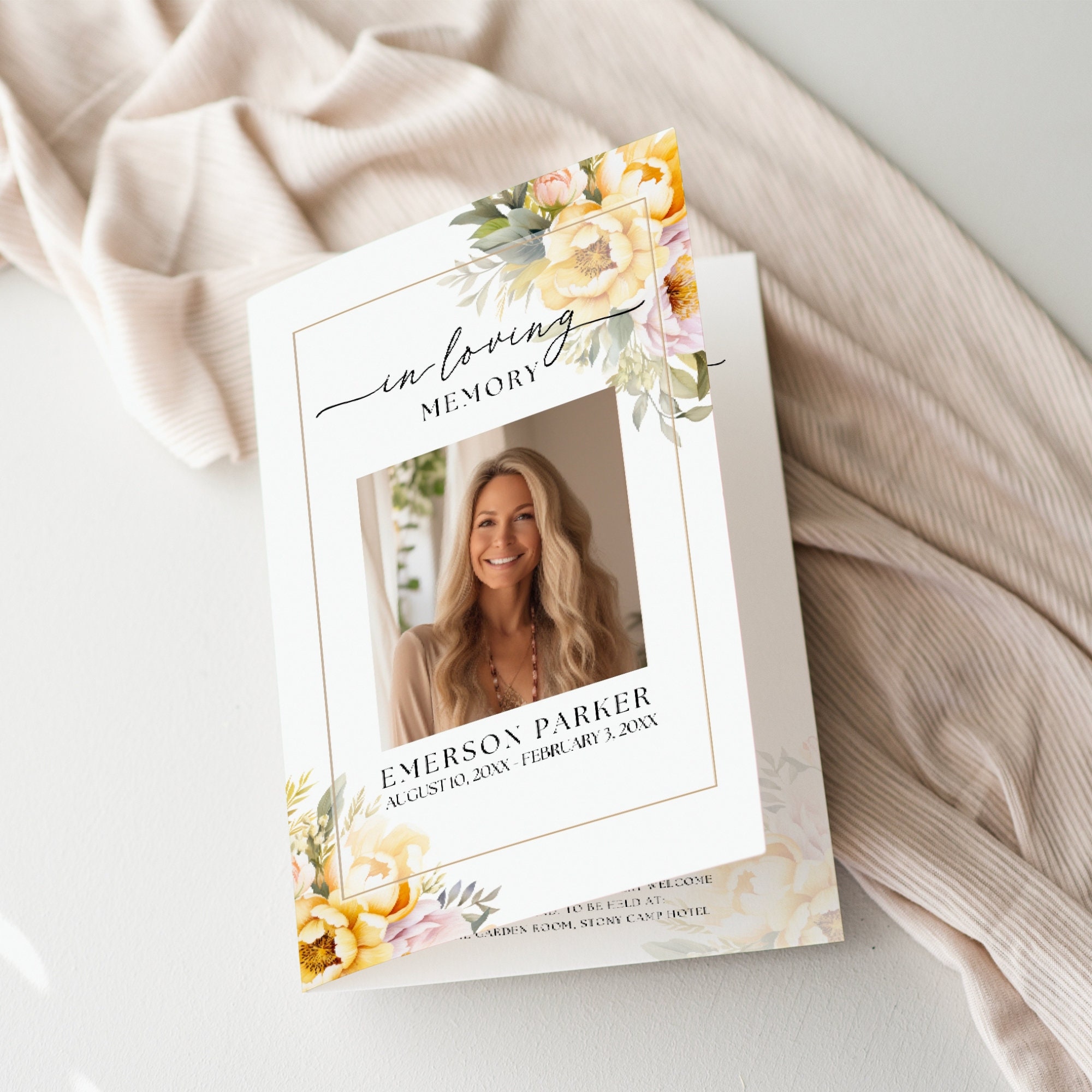 Funeral Program With Yellow Flowers, Floral Design for Woman, Memorial ...