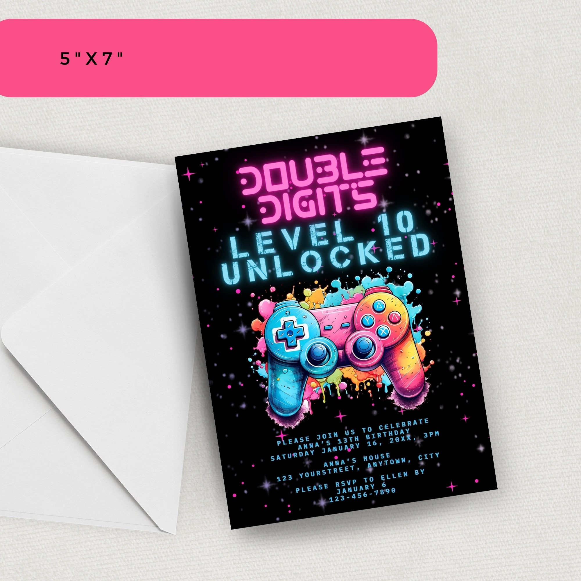Video Game Birthday Invitation Girl Canva Template, Girls Double Digit ...