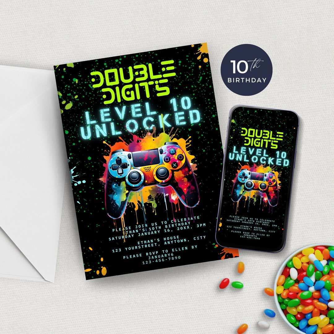 Double Digit Birthday Invite Boy, Video Game Gamer Party Editable ...