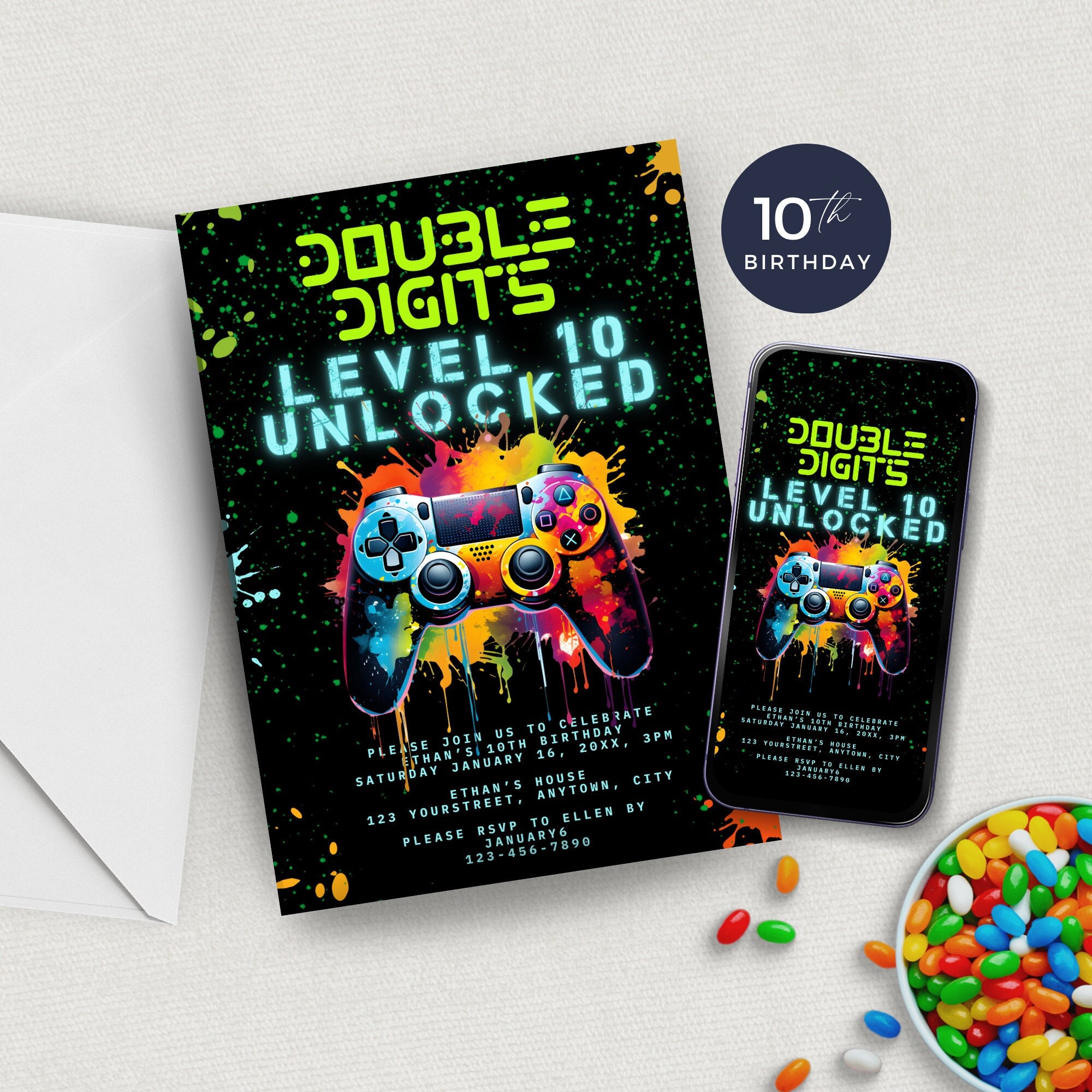 Double Digit Birthday Invite Boy, Video Game Gamer Party Editable ...