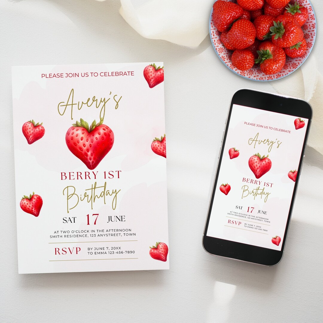 Strawberry First Birthday Evite, Berry 1st Invites, Sweet One ...
