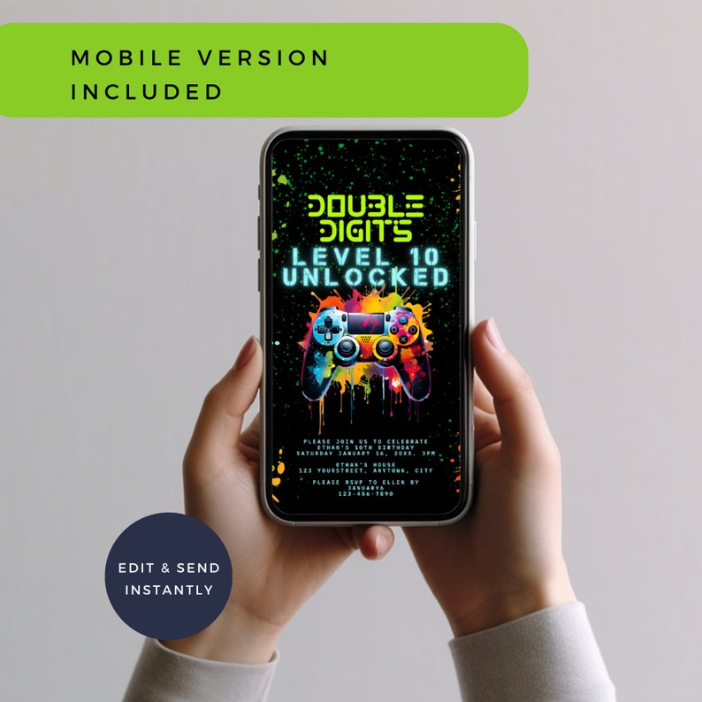 Double Digit Birthday Invite Boy, Video Game Gamer Party Editable ...
