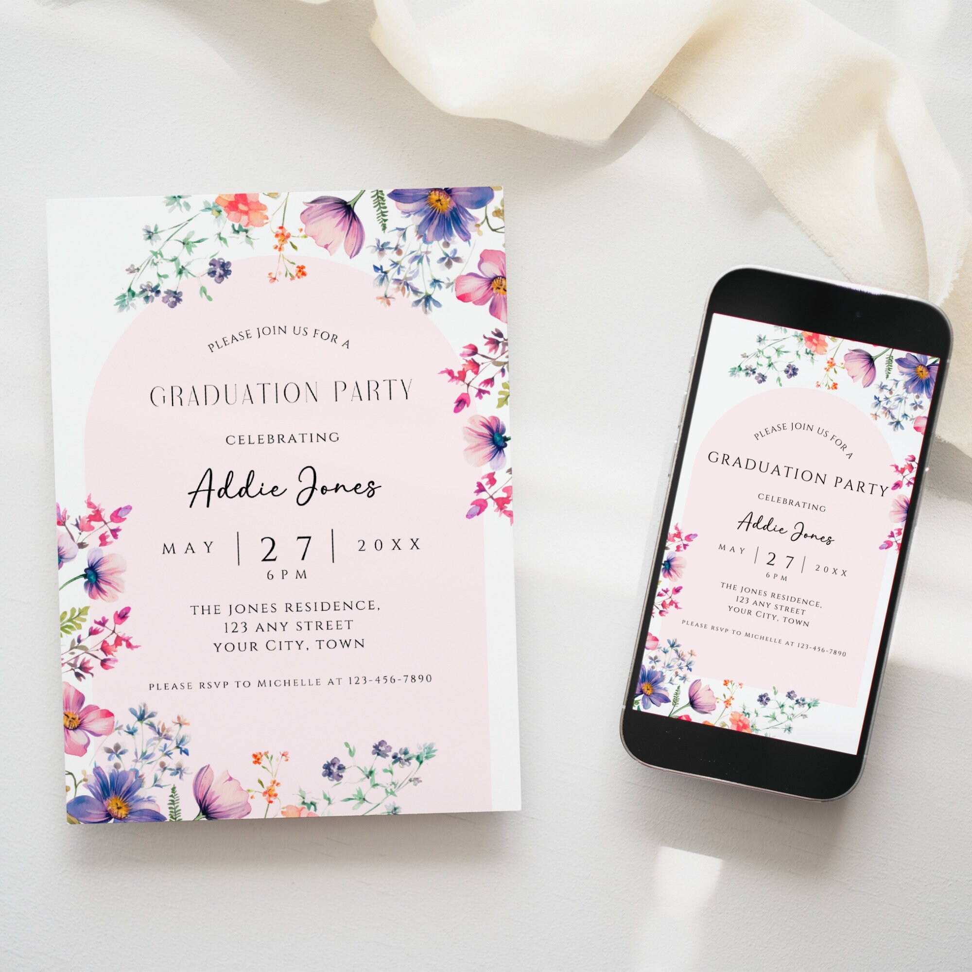 Wildflower Graduation Photo Invitation Template, Grad Party ...