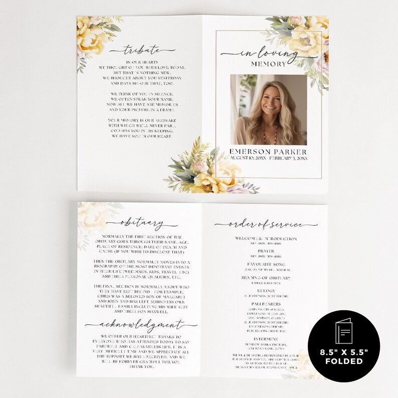 Funeral Program With Yellow Flowers, Floral Design for Woman, Memorial ...