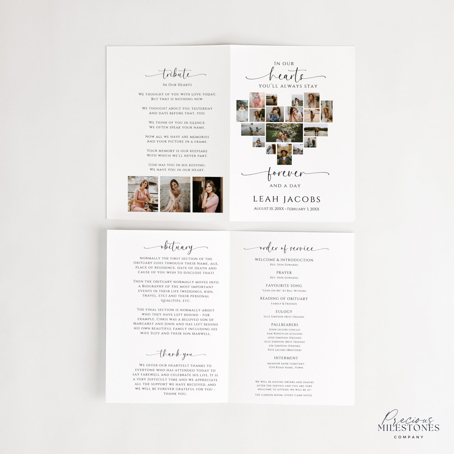 Forever in Our Hearts Funeral Program, Bifold Template, Simple Memorial ...