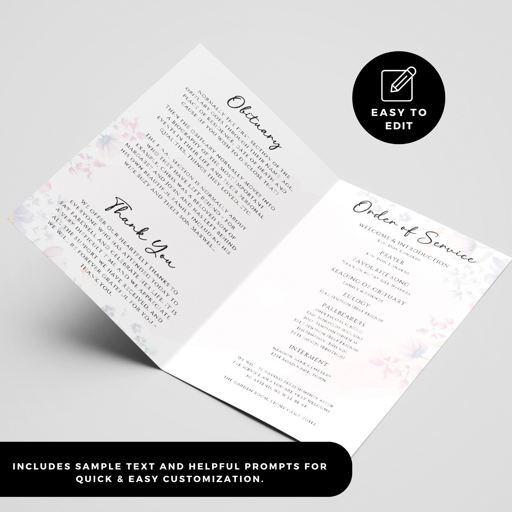 Funeral Program Template for Child, Wildflower Design for Woman ...