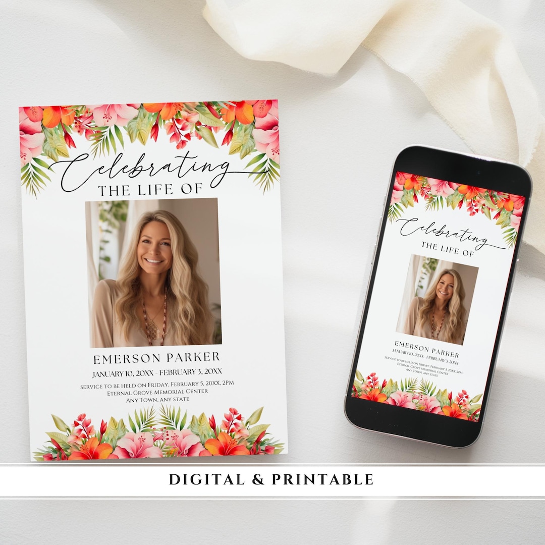 Celebration of Life Invitation Tropical, Funeral Announcement Digital ...