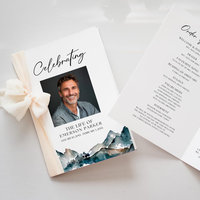 Funeral Program Template Mountain, Editable Announcement Celebration of ...