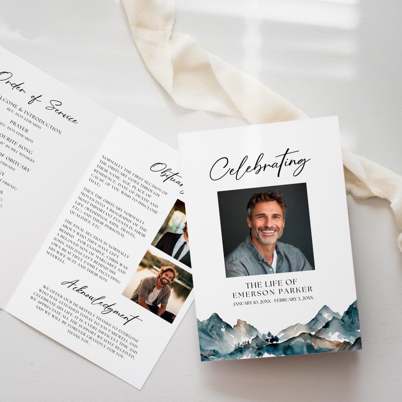 Funeral Program Template Mountain, Editable Announcement Celebration of ...