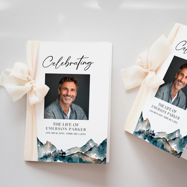Funeral Program Template Mountain, Editable Announcement Celebration of ...