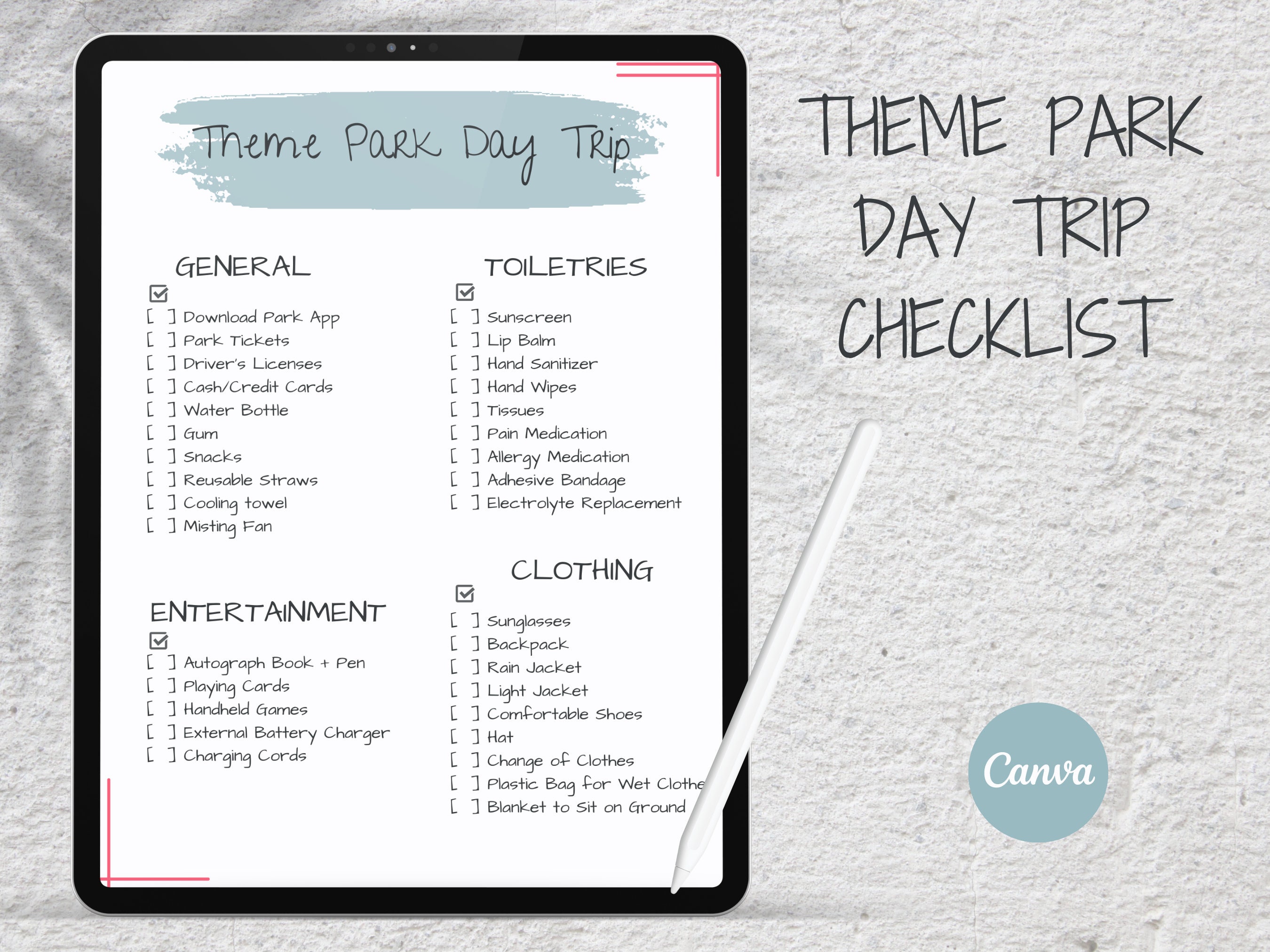 Theme Park Packing List | Editable in Canva - Etsy