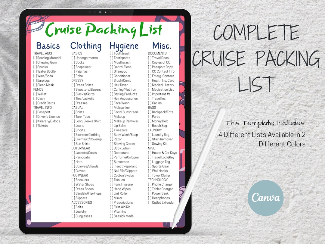 Complete Cruise Packing List Editable in Canva - Etsy
