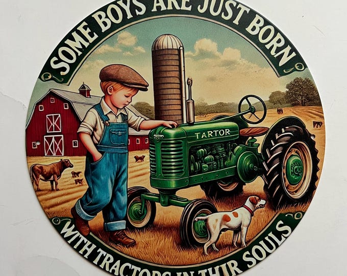 Boy With Tractor Round Rustic Metal Sign Man Cave John Deere 8" Tin ...