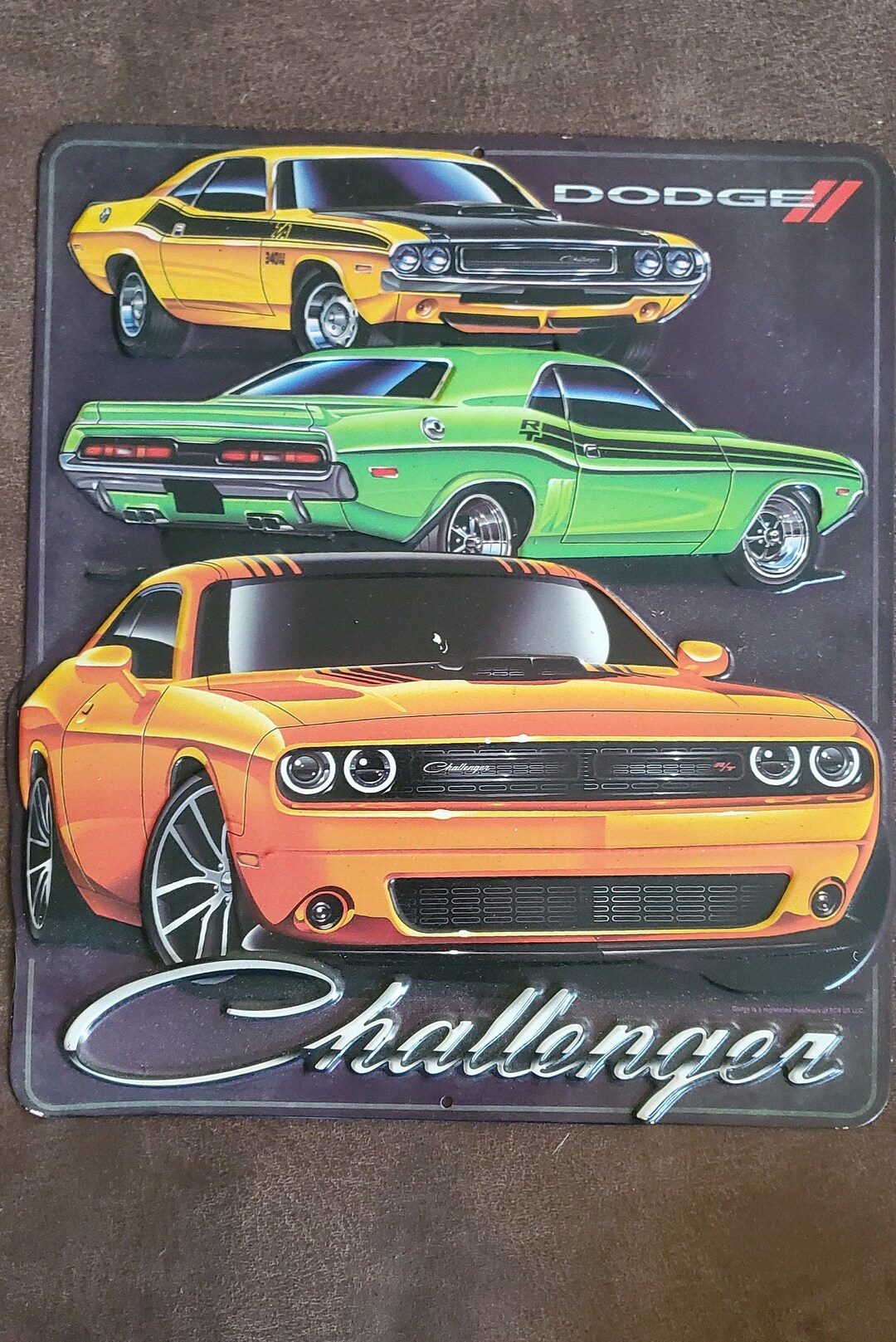 Dodge Challenger Orange Green and Yellow Cars Metal Sign Embossed Man ...