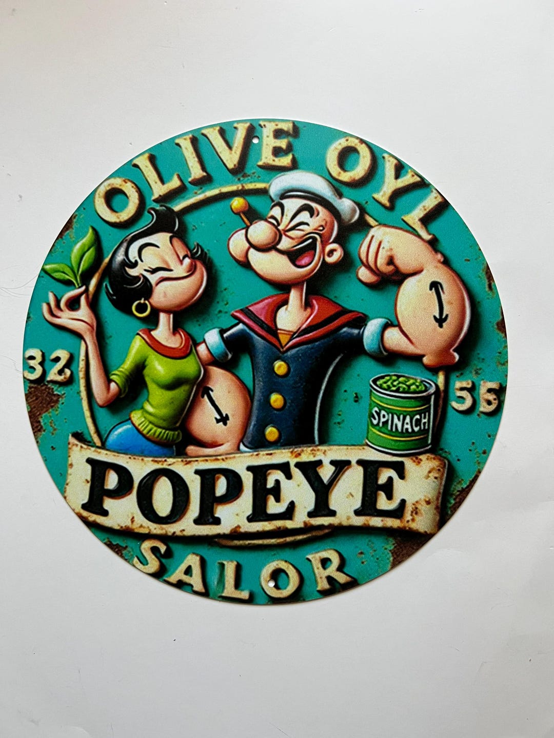 7.5" Popeye the Sailor Man Olive Oyl Spinach Round Tin Metal Sign Decor ...