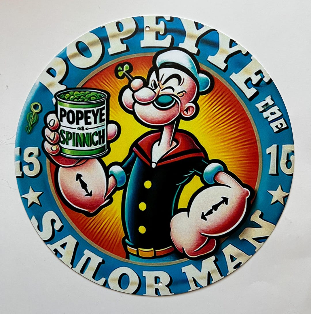 7.5" Popeye the Sailor Man Spinach Round Tin Metal Sign Decor Garage ...