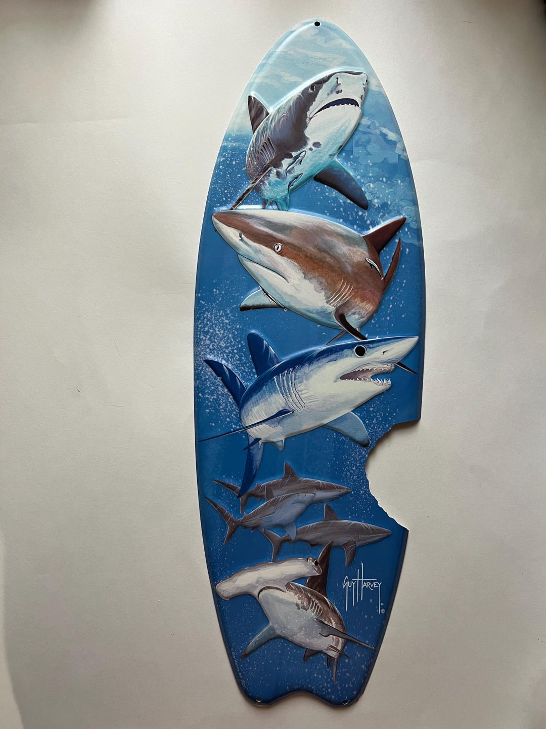 Embossed Sharks Guy Harvey 20"x 7" Surfboard Shark Fish Decor Ocean ...