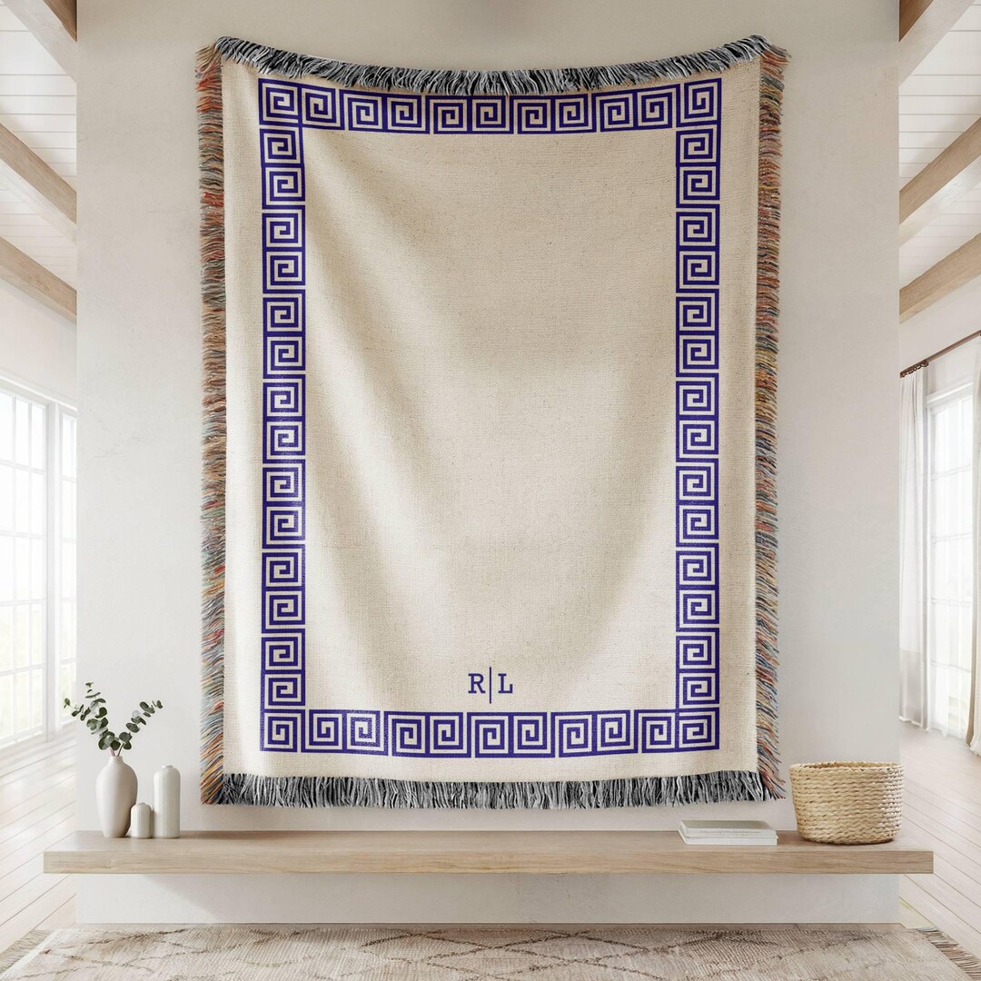 Personalized Woven Cotton Throw Blanket, Greek Key Monogram Blanket ...