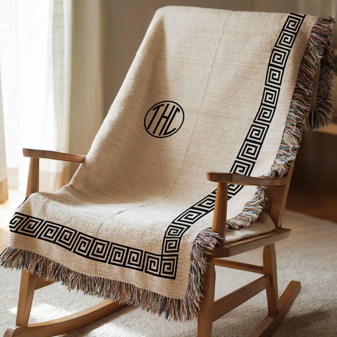 Personalized Woven Cotton Throw Blanket, Greek Key Monogram Blanket ...