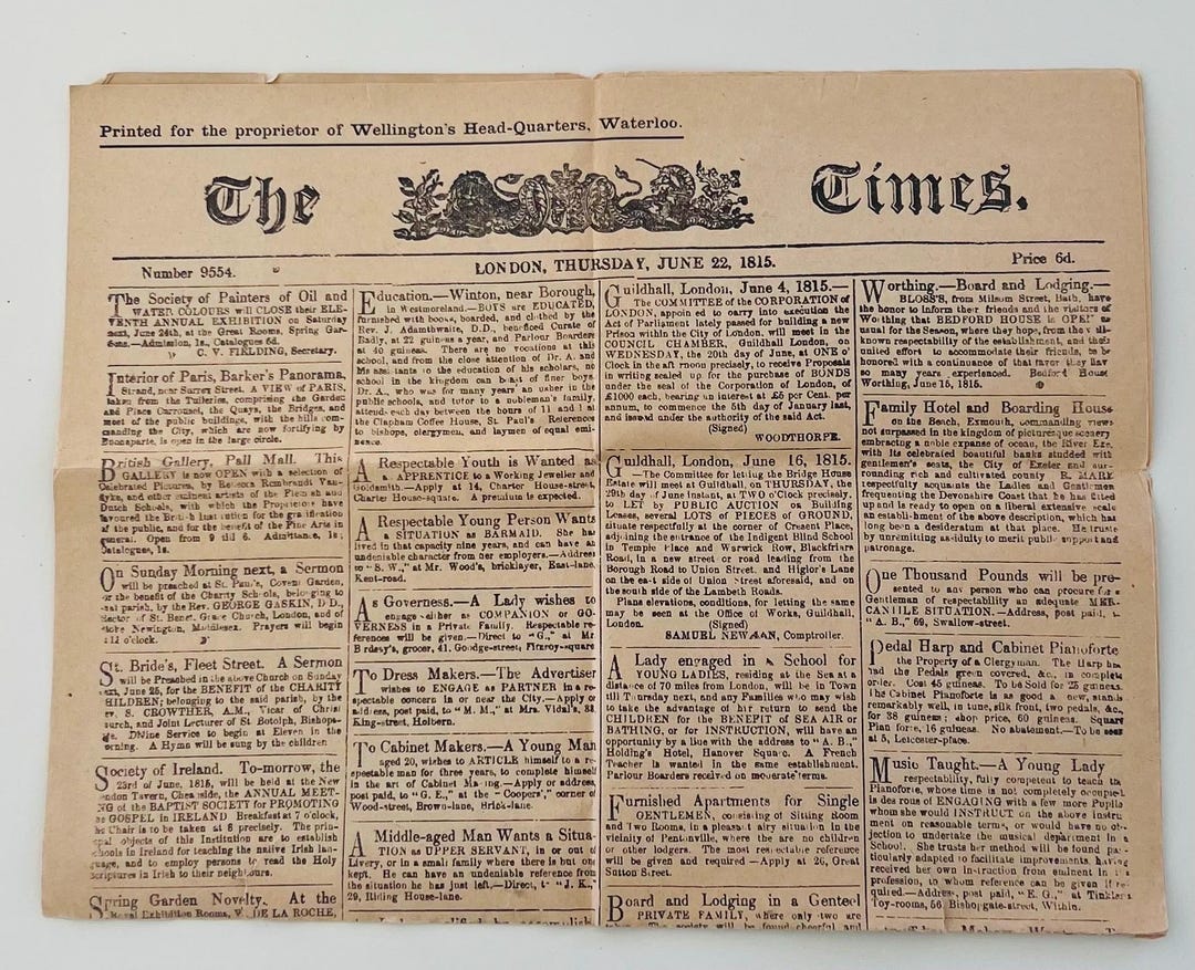 Antique Times London Newspaper Original Thursday June 22 1815 Printed ...