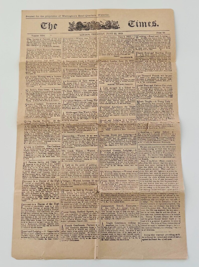 Antique Times London Newspaper Original Thursday June 22 1815 Printed ...