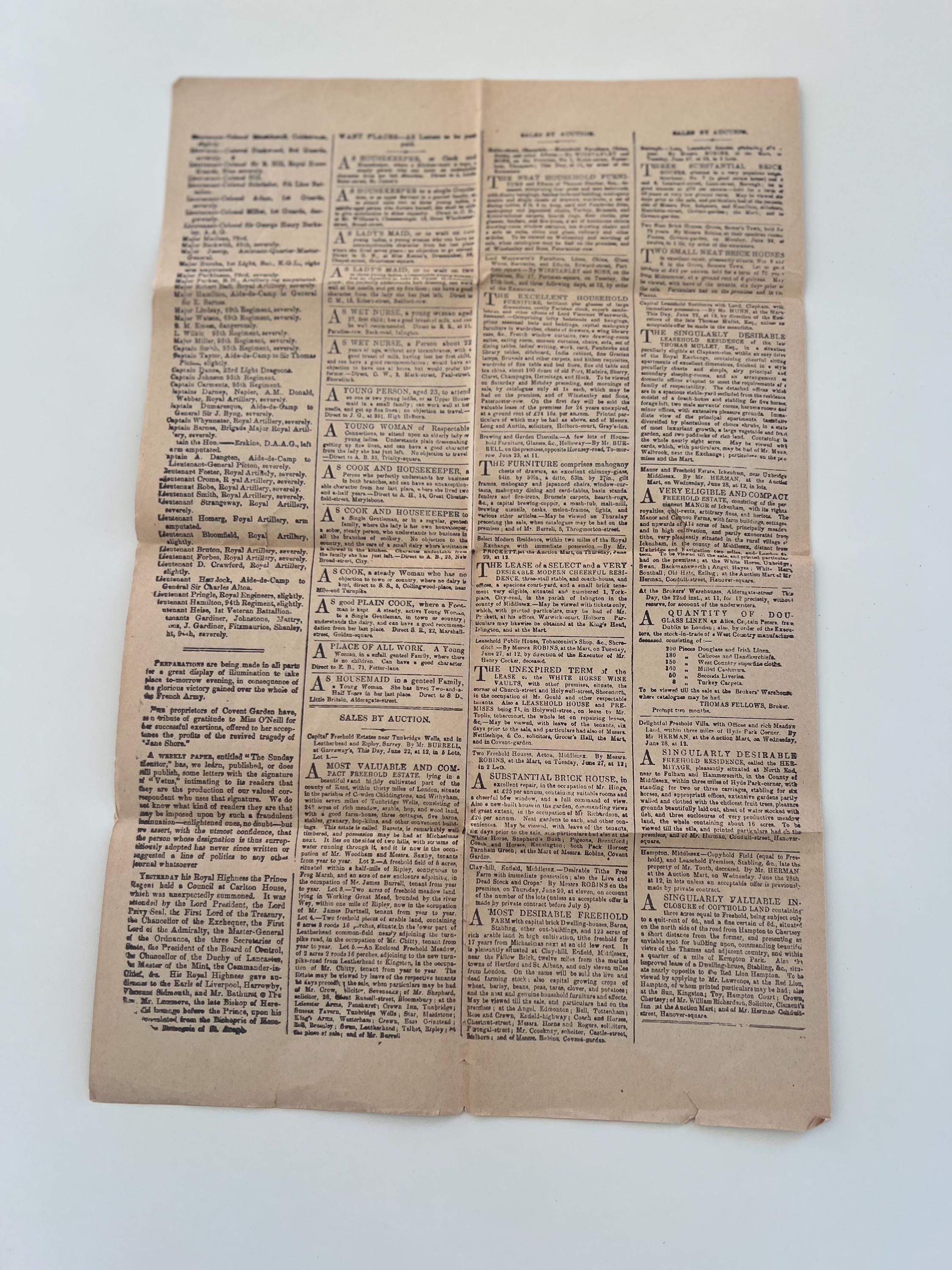 Antique Times London Newspaper Original Thursday June 22 1815 Printed ...