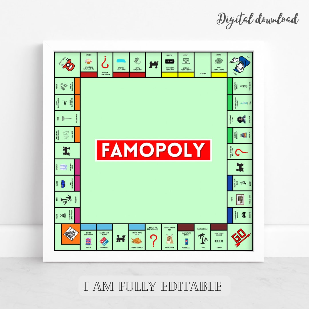 Famopoly Customisable Digital Download Editable Print Design Your Own Board Game DIY Board Game ...