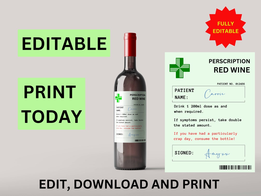 Editable Prescription Wine Label DIY Wine Template Teacher - Etsy