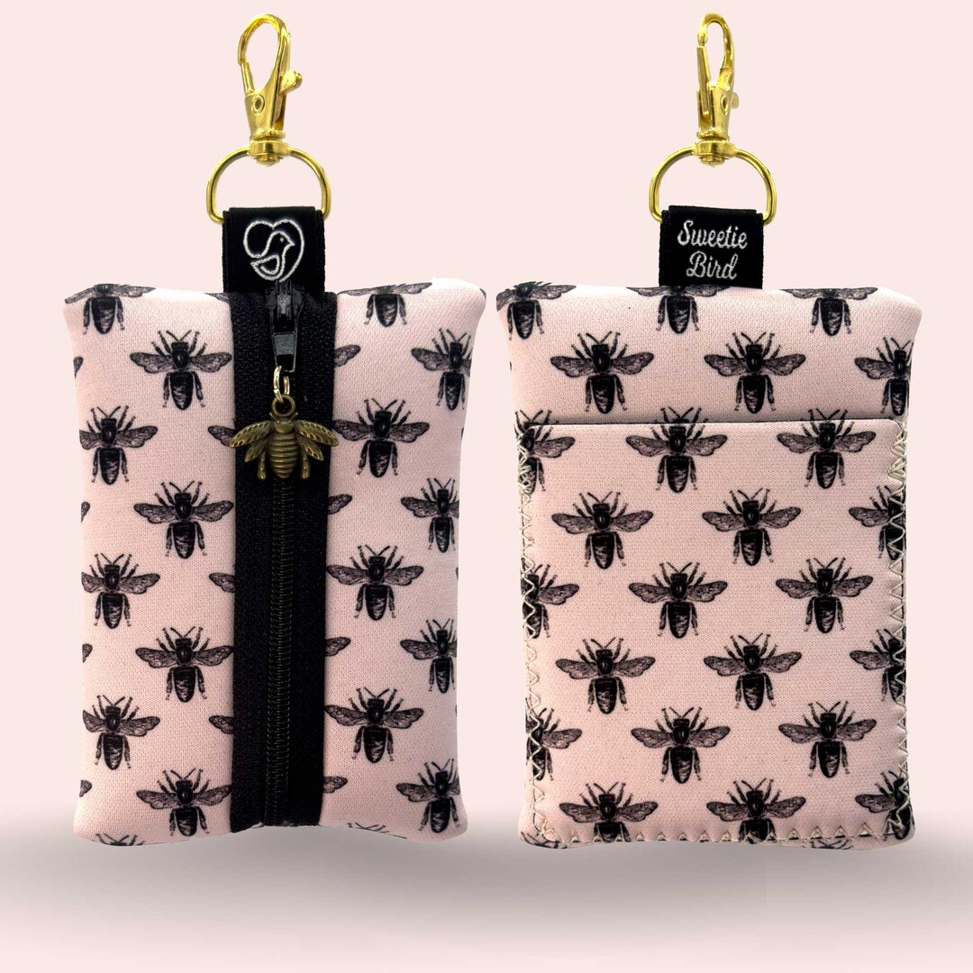 Cottagecore Bee Zipper Pouch: Pink Neoprene Wallet With Bronze Charm ...